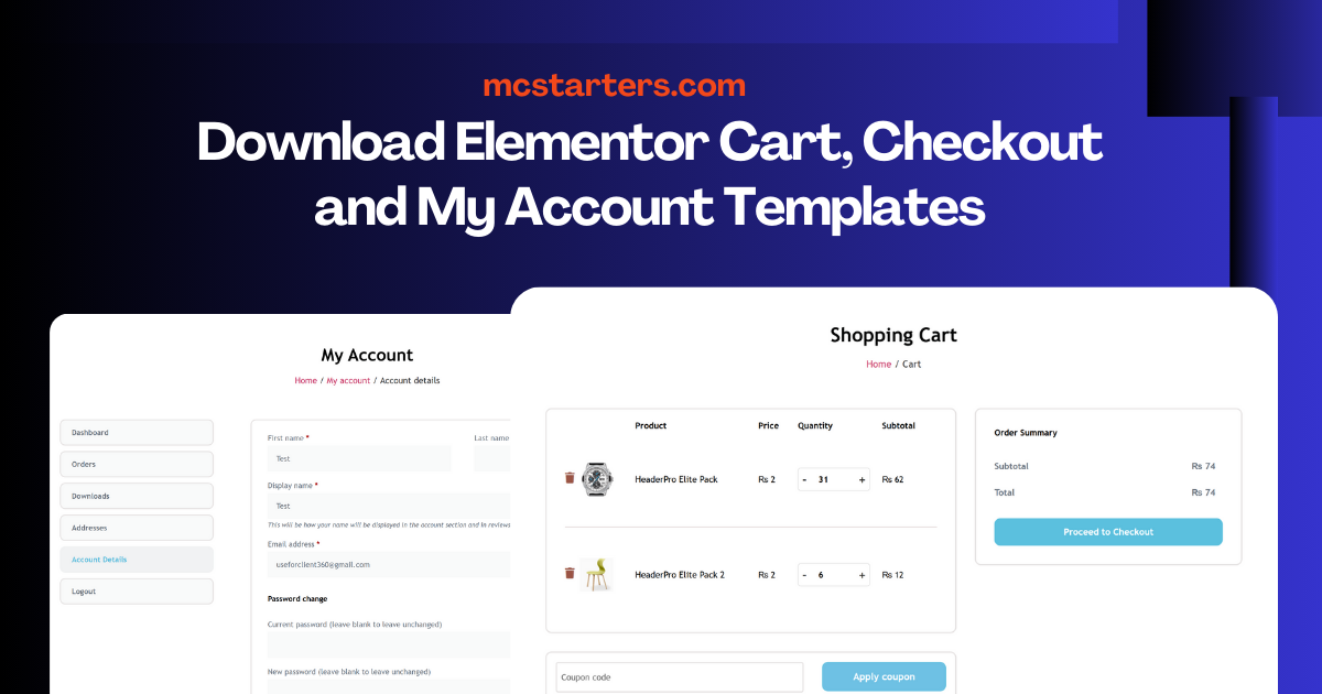 Download Elementor Cart, Checkout And My Account Page Templates